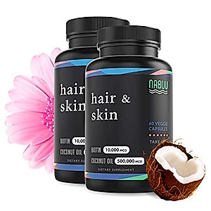 NABUU Biotin with Organic Coconut Oil - Supports Healthy Hair, Skin & Nails - Vitamin Supplement Promoting Hair Growth for Women & Men - Vegan, Organic & Gluten-Free - (2 Pack, 120 Capsules)