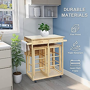 ANTSKU 3Pcs Drop Leaf Table, Rolling Kitchen Tables for Small Spaces, Space Saving Dining Table Set for 2, Natural