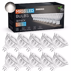 ALEXPEX Dimmable MR16 LED Bulbs, 5000K Daylight 500LM Bright(50W Equivalent), 40-Degree, AC/DC 12V GU5.3 Bi-Pin Base Bulbs for Indoor/Outdoor Landscape Spotlight Track Recessed Lighting, 10 Pack