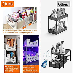 2 Pack Stackable 2-Tier Metal Under Sink Cabinet Organizer with Sliding Storage Drawers with Hooks and LED Strip Lights,White