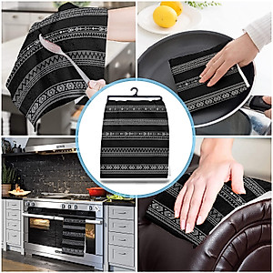 Edwiinsa Black Boho Kitchen Dish Towels and Dishcloths Sets, Native American Tribal Geometric Stripes 18 X 28 Inches Absorbent Hand Towels Dish Rags with Hanging Loop for Home Cleaning (4 Pack)