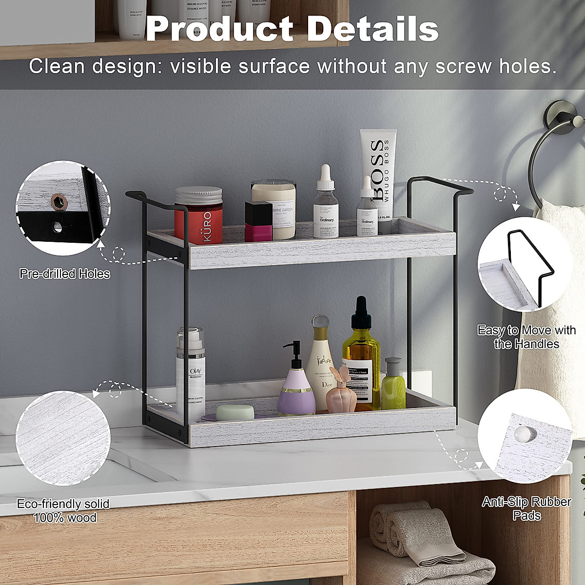 LETUBUYU 2- Tier Bathroom Counter Organizer, Standing Vanity Counter Rack Cosmetic Holder, Countertop Storage Shelf Cosmetic Organizer Holder,Kitchen Spice Rack Basket Counter Shelf (Rustic Gray)