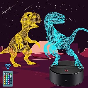 AmazeFan Dinosaur Night Light for Kids-3D Bedside Lamp 16 Colors Change Remote Control with 2 Acrylic Flats Best Christmas Birthday Gifts for Boys Girls Kids Baby (2 Dinosaurs)