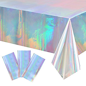3 Pack Iridescence Plastic Tablecloths Shiny Disposable Laser Table Covers 54 x 108 Inch Sparkle Holographic Foil Tablecloth Iridescent Bridal Wedding Christmas Birthday Party Decoration (3, Laser)