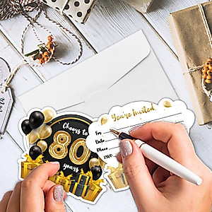 REWIDPARTY Cheers to 80 Years Birthday Party Invitations with Envelopes & Stickers（Set of 15） Balloon Shaped Fill-in Invitations Black Gold 80th Invite Cards 80th Birthday Anniversary Party Supplies