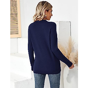 Romanstii Women's Knitted Polo Sweaters Long Sleeve V Neck Collared Shirts Winter Pullover Tops,Navy Blue,L