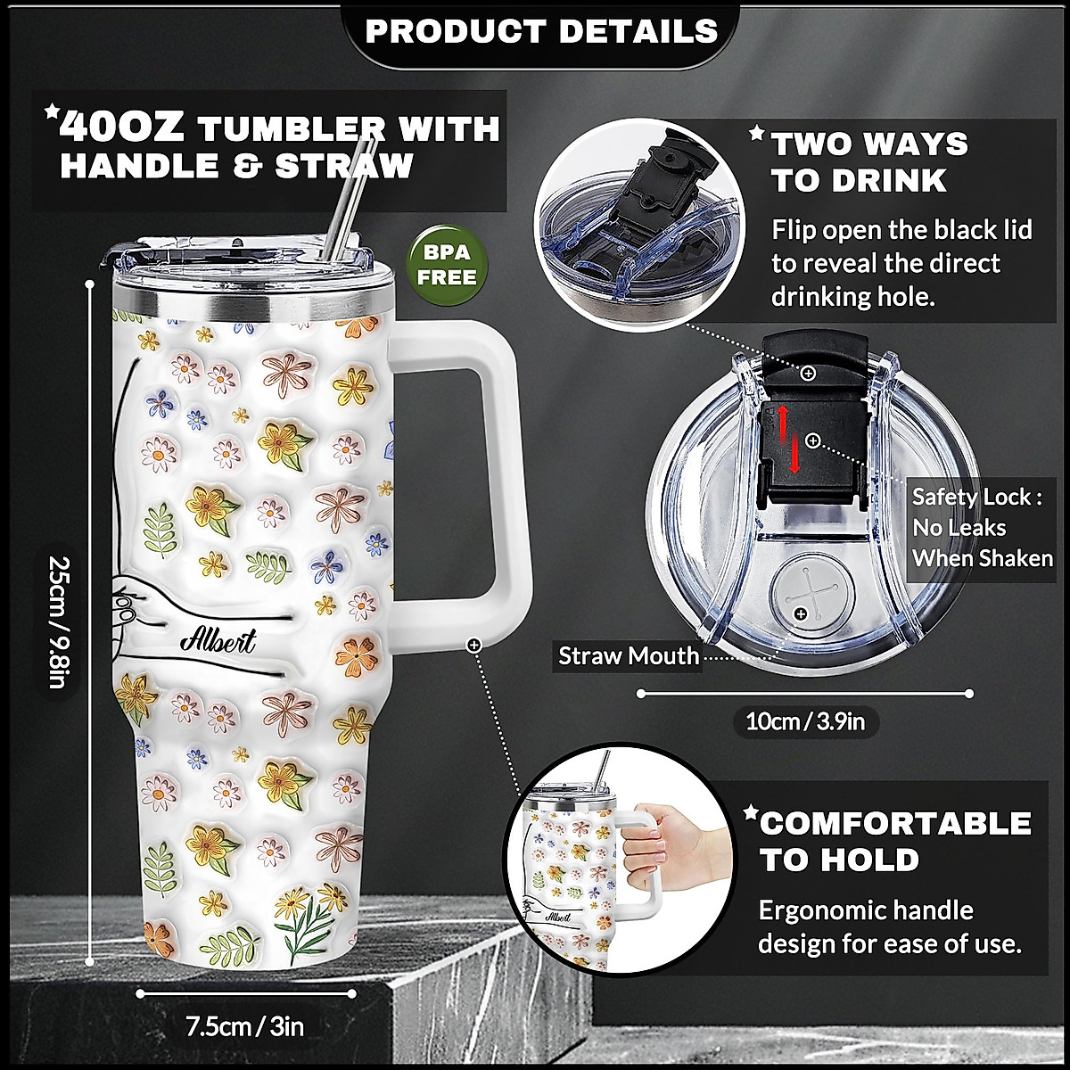 BMYDIY Mothers Day Birthday Gift for Mom Grandma, Personalized 40 Oz Tumbler with Handle and Straw, Custom Extra Large Stainless Steel Insulated Cup Travel Mug Coffee Mug with Name