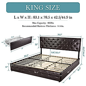 HOOMIC King Platform Storage Bed Frame with 4 Drawers & Adjustable Headboard, Wooden Slats, No Box Spring Needed,Diamond Stitched Button Tufted Design, Noise Free, Black Brown
