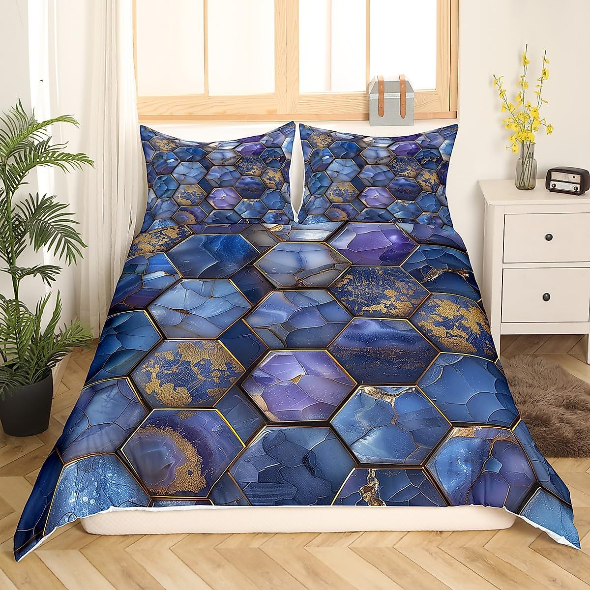 Honeycomb Marble Duvet Cover Set Queen Size,Geometric Hexagon Bedding Set Kids Teens Adults Room Decor,Blue Purple Comforter Cover 3Pcs,Glitter Honeycomb Bedspreads Cover,2 Pillowcases(NO Comforter)