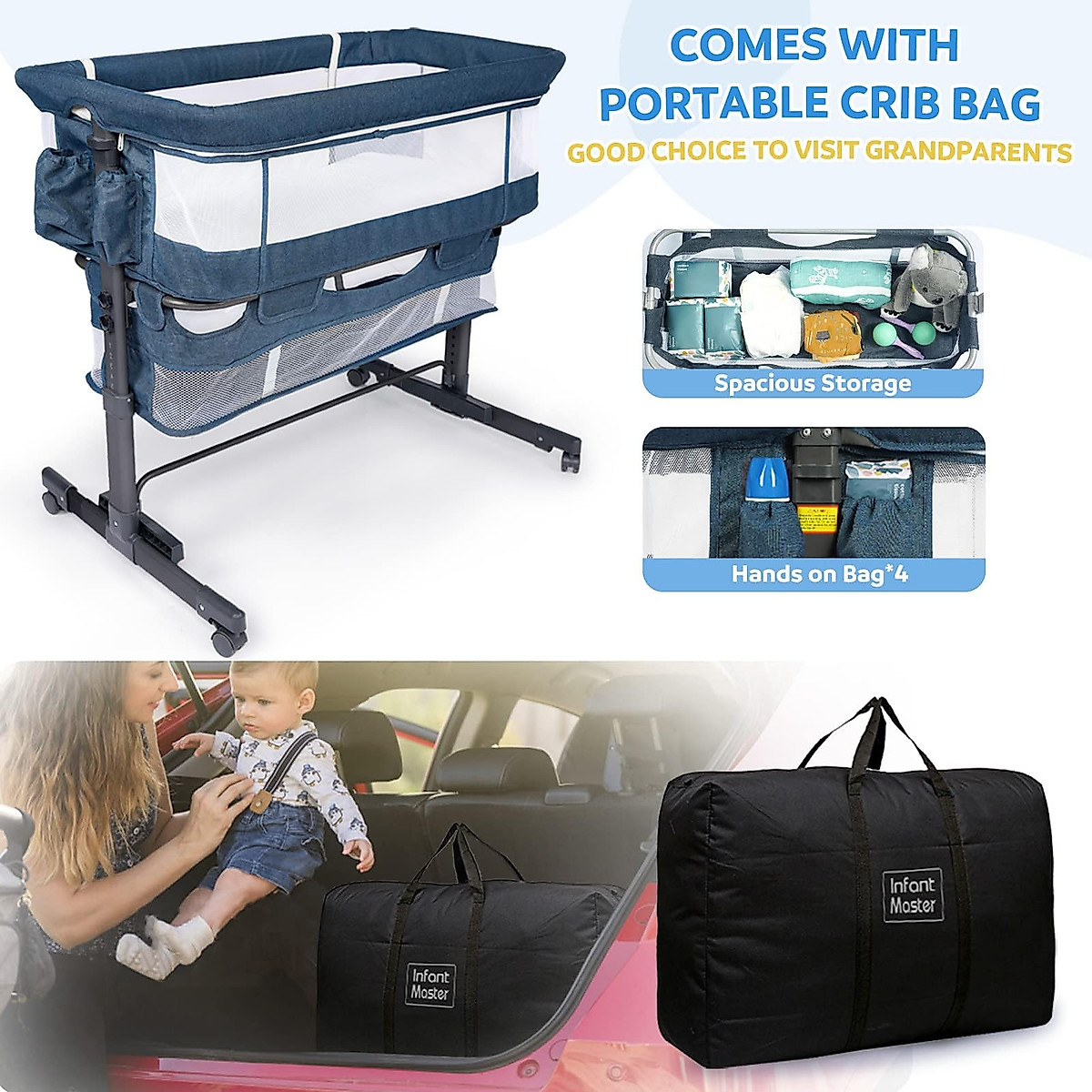 3 in 1 Baby Bassinet, Upgraded Beside Crib with 360° Highly Visible Mesh wall, Comfy Co-sleeper Bassinet with mattress, 5 Level Adjustable Height, Foldable & Portable BabyTravel Crib for Newborn, Blue