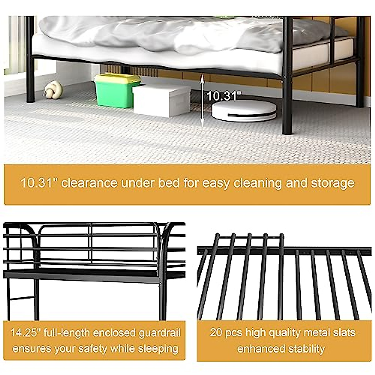 Aobabo Metal Bunk Bed Twin Over Twin, Full-Length Industrial Safety Rail Bunk Bed Frame with Ladder,Space Saving, Noise Free, Black