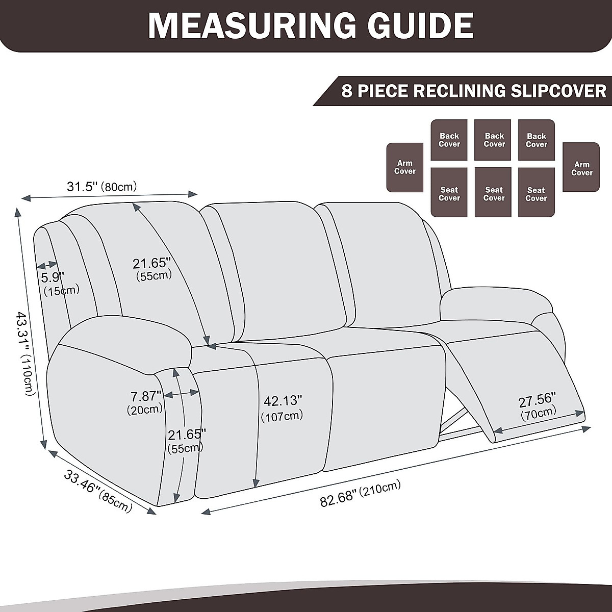 vctops 8 Pieces Waterproof Faux PU Leather Recliner Sofa Covers Stretch Soft 3 Seats Couch Cover Anti-Slip Sofa Slipcover Furniture Protector with Elastic Bottom for Kids Pet(Dark Coffee,3 Seat)