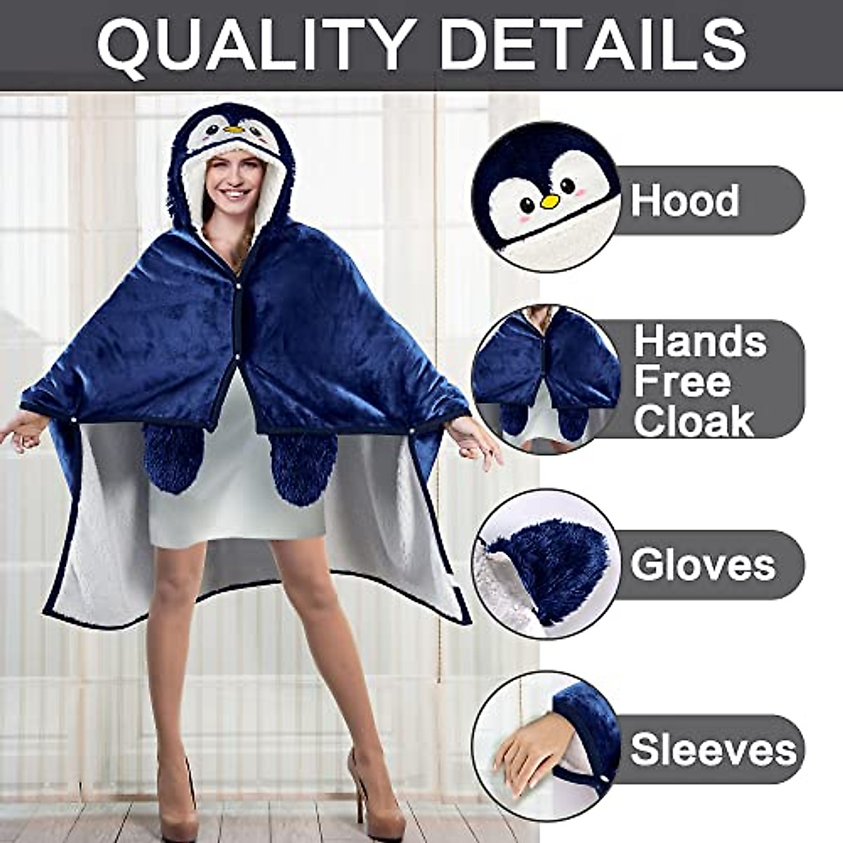 Penguin Wearable Hooded Blanket for Adults – Super Soft Warm Cozy Plush Flannel Fleece & Sherpa Hoodie Throw Cloak Wrap - Penguin Gifts for Women Adults Girls and Kids