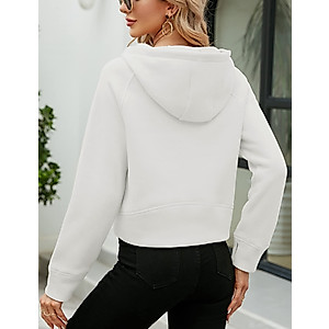Micoson Half Zip Hoodies Women Long Sleeve Crop Workout Sweatshirt Oversized Sherpa Fleece Pullover Thumb Hole (White,L)