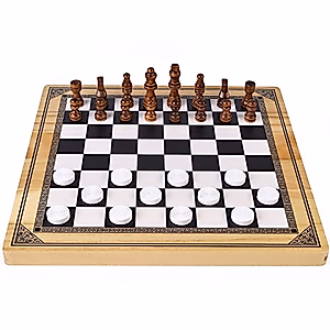 VAMSLOVE Reversible Wooden Ludo Board Game and Classic Chess Checkers Set 3 in 1, 13" x 13" Two-Sided Board Games for Kids and Adults Family Gathering (Games Instructions Included)