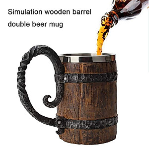 ZPENG Wine Tumbler Beer Cup,Retro Resin Simulation Crude Barrel Stainless Steel Double Wall Insulated Wood Mug Drinkware
