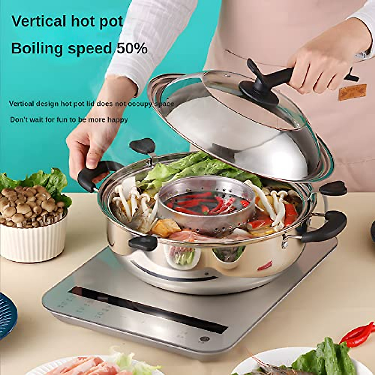 TJHamaipi Stainless Steel Rotary Lift Hot Pot, Shabu Pot, Boil Pot, Suitable for 2-6 People, 7QT Capacity, Iindependent Filter, Thickened Steel, Suitable For Gas Induction Cooker