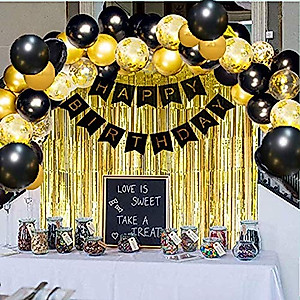 Black Gold Birthday Party Decoration Set, Black and Gold Party Decoration Including Happy Birthday Banner, Balloons, Metallic Fringe Curtain, Perfect Fit for Girls or Boys, Men or Women Birthday