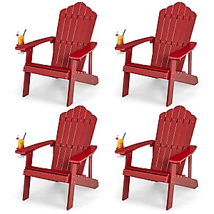 Giantex Outdoor Adirondack Chair - Oversized Patio Chairs w/Hidden Cup Holder, Realistic Wood Grain, 380 LBS Weight Capacity, Weather Resistant Firepit Chairs for Backyard, Garden (4, Red)