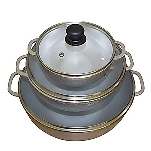 IMUSA USA Traditional Colombian Natural Caldero Glass Lid & Steam Vent 3-Piece (1.4/3.4/6.6) Quart, Silver (Dutch Oven Set)