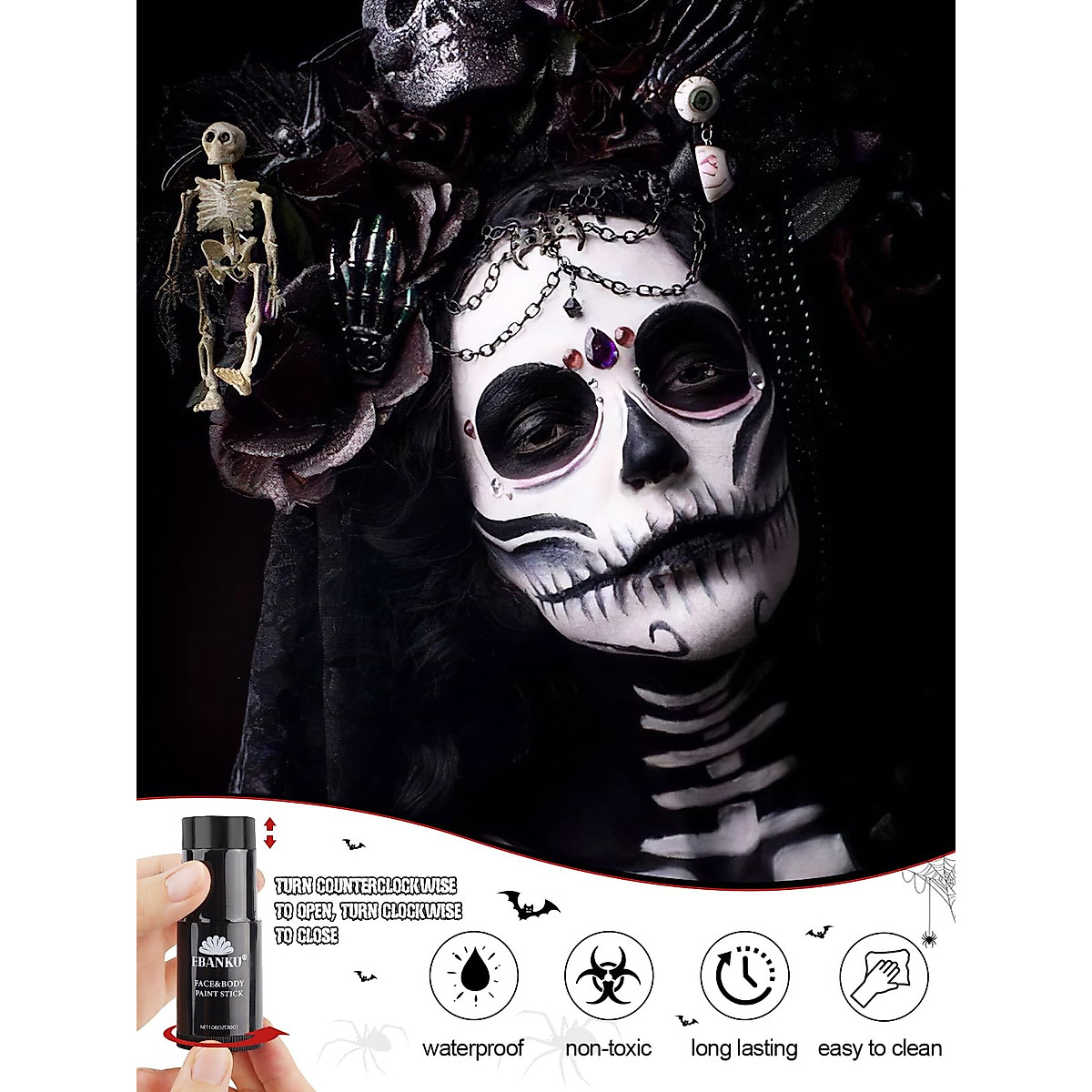 EBANKU 2Pcs White Black Face Body Paint Stick, , Eye Black Sticks for Sports White Cream-Blendable Stick Waterproof Sweatproof for Christmas Cosplay