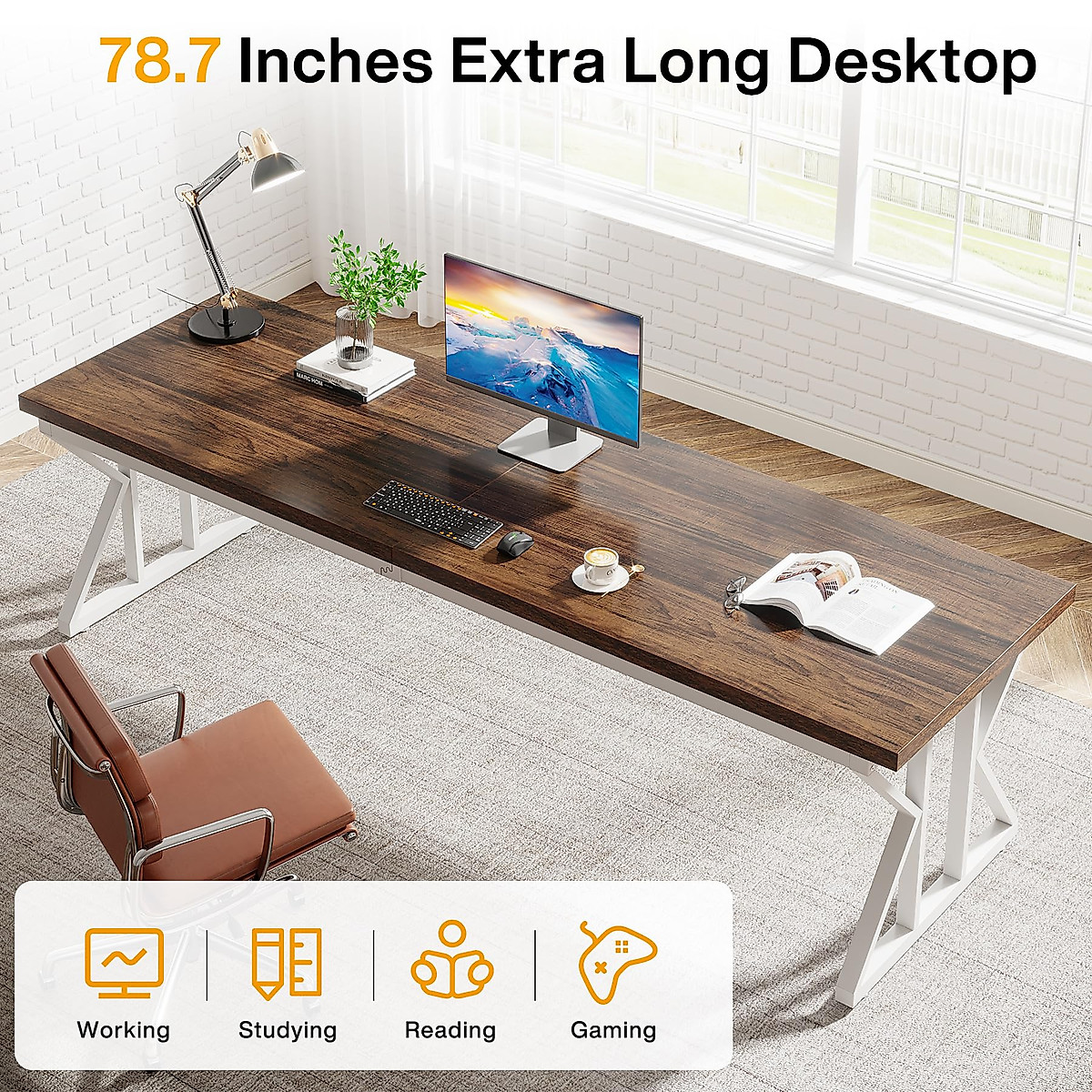 Tribesigns 78.7 Inches Long Computer Desk, Two Person Desk Large Executive Office Desk, Double Desk Study Writing Table for Home Office (Brown/White)