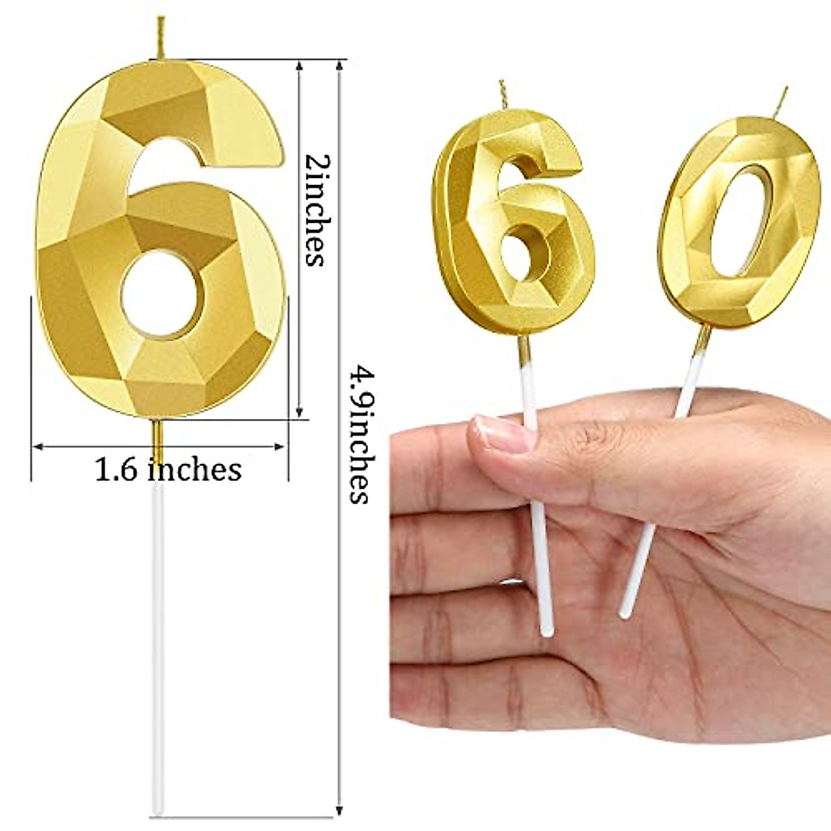 60th Birthday Number Candles 3D Diamond Shape Cake Candles Number 60 Candles Cake Topper Decoration for Birthday Wedding Celebration Anniversary Favor (Gold)