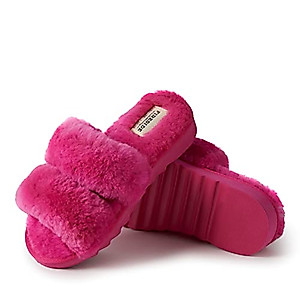 Dearfoams Women's Fireside Benalla All Over Shearling Double Band Easy on/Off Slide Slipper, Paradise Pink, 8