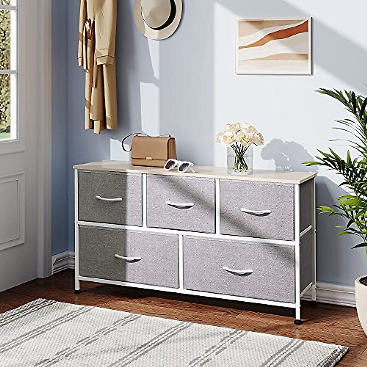 WLIVE 1-Drawer Nightstand and 5-Drawer Dresser Set, Fabric Storage Tower for Bedroom, Hallway, Nursery, Closets, Tall Chest Organizer Unit with Textured Print Fabric Bins, Steel Frame
