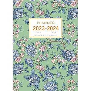 Planner July 2023-2024 June: A4 Large Notebook Organizer with Hourly Time Slots | Vintage Flower Leaf Design Green