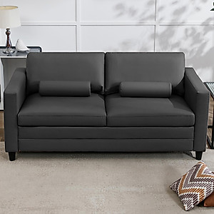 BALUS Faux Leather Pull Out Sofa Bed, 2-in-1 Queen Size Couch Bed with Fold Out Mattress, Modern Convertible Sleeper Sofa Couch, Leather Loveseat Futon Couches for Living Room-Dark Grey