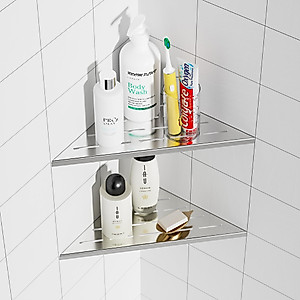 Neodrain 10“ Brushed Corner Wall Shelf Set of 2, Floating Corner Shelves for Wall, 304 Stainless Steel Shower Storage Shelves for Bathroom,No Drilling