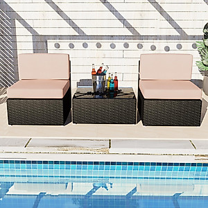 yoyomax 3PCS Patio Furniture, Weather PE Rattan Sectional Set Sofa & Tempered Glass Including, Beige, 2 armless Sofa+1 Coffee Table
