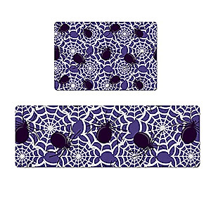 Halloween Horror Crawl Animal Spiders- Cobweb Anti-Fatigue Rugs and Mats Set for Kitchen Floor, 2 Piece PVC Heavy Duty Standing Area Runner Mat Purple White Home Decor Carpet