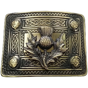 Kilt Belt with Buckle Scottish Kilts Sporran with Badge Style Thistle/Kilt Pin/Fly Plaid Brooch 5 piece Set (XL)