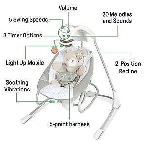 Ingenuity InLighten Soothing Swing & Rocker - Vibrating Swivel Infant Seat, Soothing Sounds, Lights - Nate