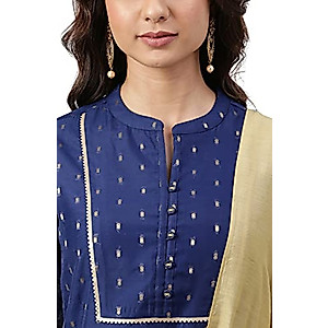 Janasya Women's Dark Blue Chanderi Silk Woven Kurta with Sharara and Dupatta(SET472-KR-SHA-S)