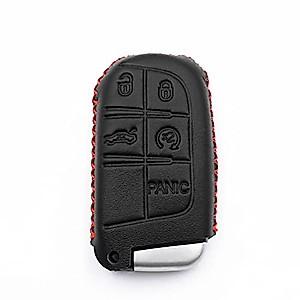 MJKEYAuto Black Leather 5 Buttons Smart Remote Key Fob Cover Chain Case for Jeep Grand Cherokee Dodge Challenger Charger Dart Durango Journey Chrysler 200 300 Fiat (type1)