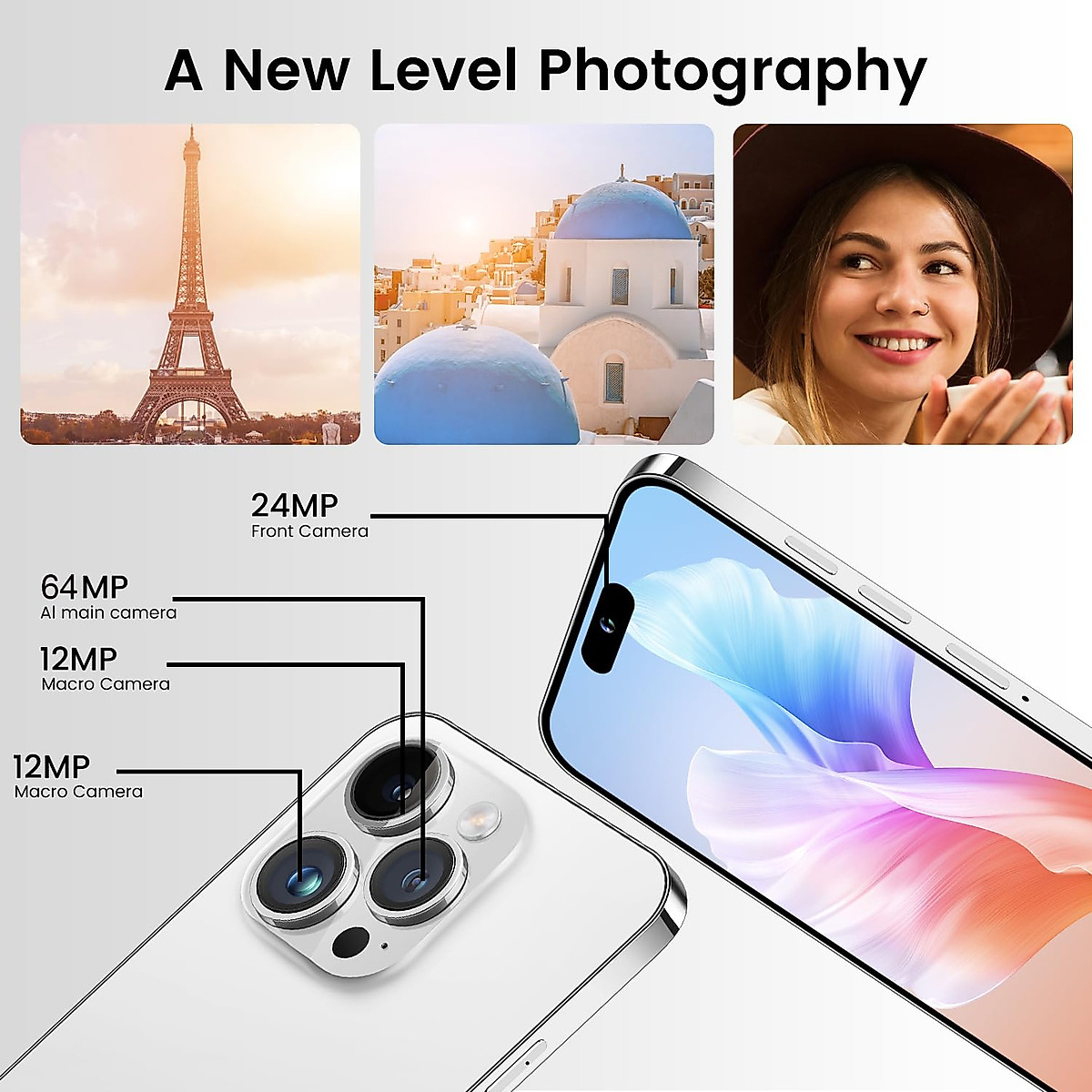 SANSHREUNI A14 Pro Max Unlocked Smartphone, 6+256GB Android 13 Unlocked Mobile Phone, 6.82" FHD+ Display 64MP Camera 5G Cell Phones 6000mAh Battery/Dual SIM/GPS/Face ID Smart Phone, White