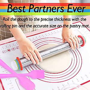 Shacoryze Rolling Pin with 4 Thickness Rings, Adjustable French Dough Roller Stainless Steel Nonstick Pastry Mat Spatula Brush Set for Baking Fondant, Pizza, Tortilla, Pasta, Pie, Pastries, Cookies