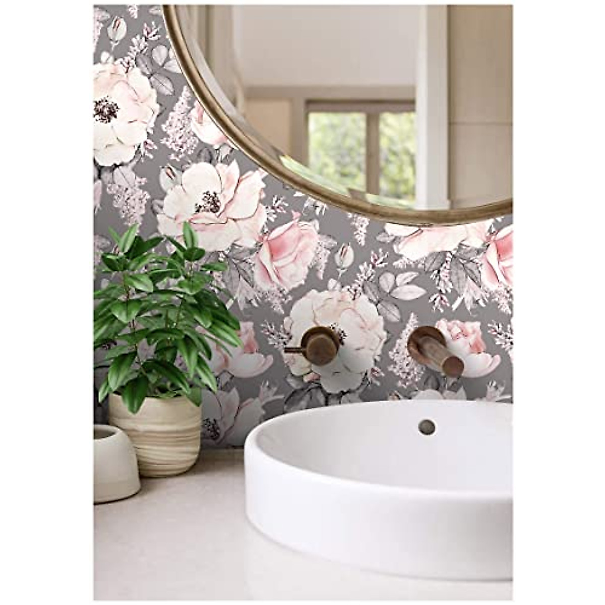HAOKHOME Floral Peel and Stick Wallpaper Peony Removable Grey/Pink Vinyl Cabinet Self Adhesive Shelf Liner 17.7in x 9.8ft