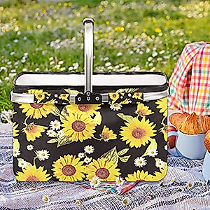 Yellow Sunflower Flower Collapsible Market Basket, Summer Daisy Floral Leakproof Folding Collapsible Portable Picnic Basket Strong Aluminum Frame for Travel, Shopping, Camping & Lake Trips