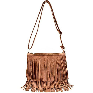 Western Cowgirl Fashion Style Leather Fringe Crossbody Handbags Women Purse Country Everyday Shoulder Bag (Brown)