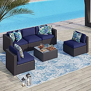 PHI VILLA Outdoor Patio Furniture Sets - Rattan Wicker Patio Sectional Sofa Couch with Tea Table & Washable Cushions (6 Piece, Navy Blue)