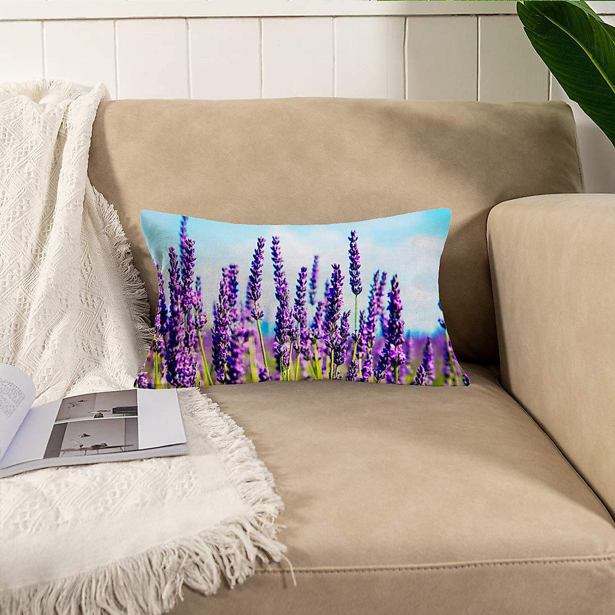 Smilyard Outdoor Lumbar Throw Pillow Cover Lavender Garden Patio Cases Purple Flowers Floral Pillows Cushion Lavender Cotton Linen Decor Home Sofa Couch Bed Office(Lavender), 12 inch X 20 inch