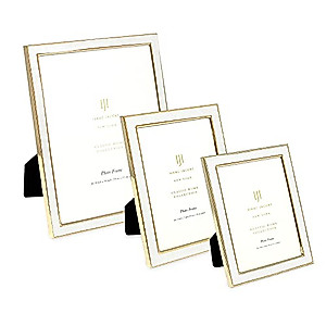 Isaac Jacobs 5x7 White Leather with Gold Metal (Vertical & Horizontal) Picture Frame, Suede Border w/Black Fabric Easel, Wall-Mountable, Made For Tabletop, Photo Gallery (5x7, White W/Gold)