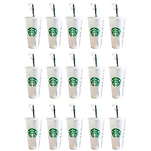 Starbucks 15 Pack Bundle - Reusable Frosted 24 oz Cold Cup with Lid and Green Straw w/Stopper