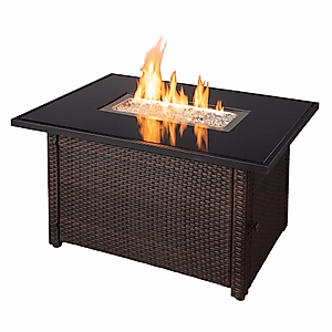 Endless Summer 44" x 32" Rectangular 40,000 BTU Liquid Propane Gas Outdoor Fire Pit Table with White Fire Glass, Center Insert and Cover, Brown/Black