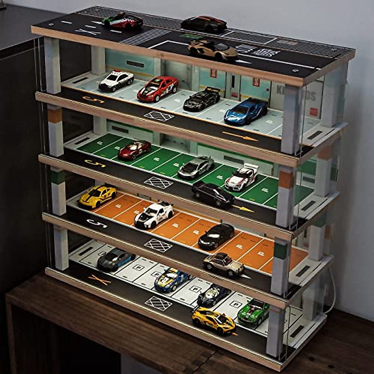 kivcmds 1:64 Scale Alloy car Model Display case. Suitable for Collecting hot Wheels and die-cast Cars with Lighted Scenes Parking lot with 40 Parking Spaces on 4 Levels (Underground Garage Scenes)