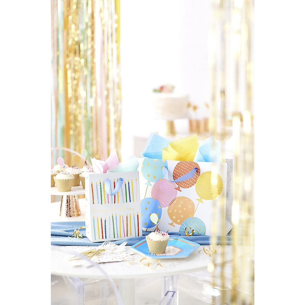 Papyrus Birthday Gift Bags with Tissue Paper, Balloons and Candles (2 Bags, 1 Large 13", 1 Medium 9", 8-Sheets)